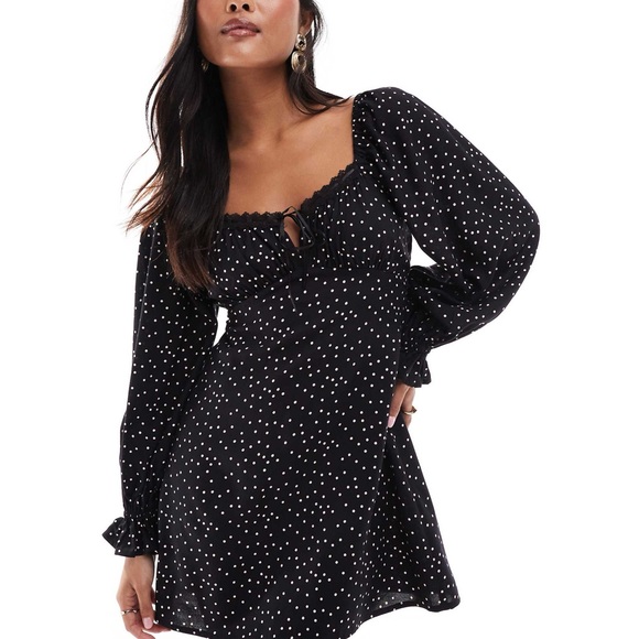 ASOS | Dresses | Asos Black Polka Dot Mini With Long Bishop Sleeves And ...